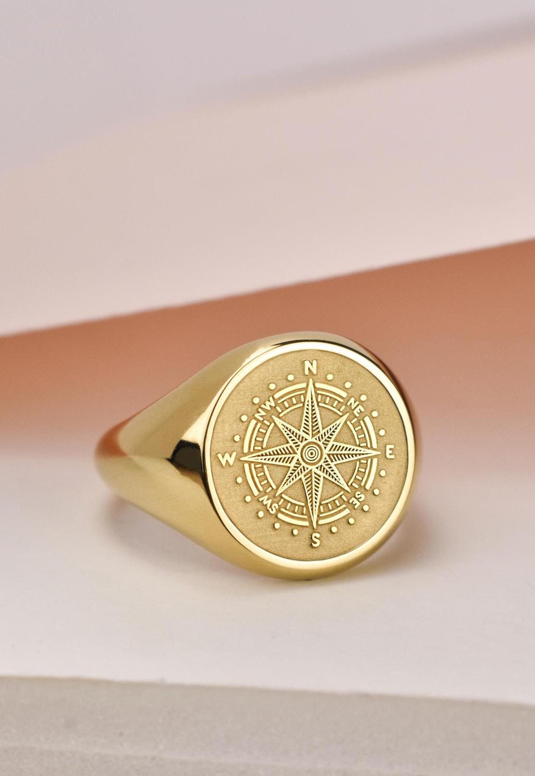 14K Gold Compass Signet Ring, Personalized Compass Ring for Men & Women ...