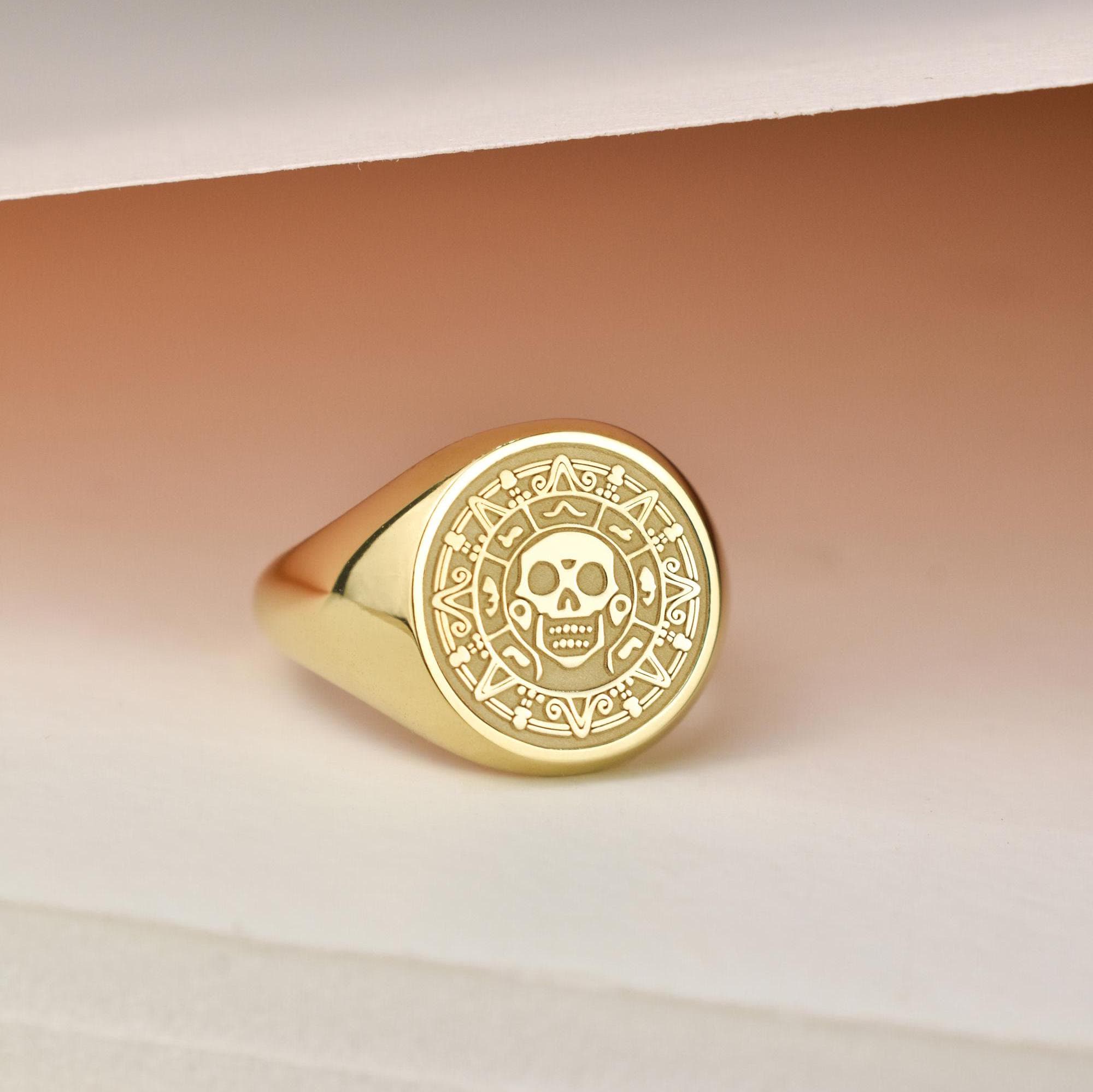 14K Gold Pirate Coin Signet Ring, Personalized Pirate Jewelry, Skull ...