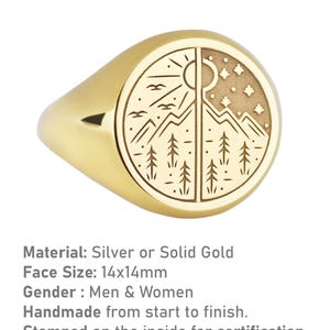 14K Gold Mountain Forest Signet Ring, Sun and Moon Ring for Men and ...