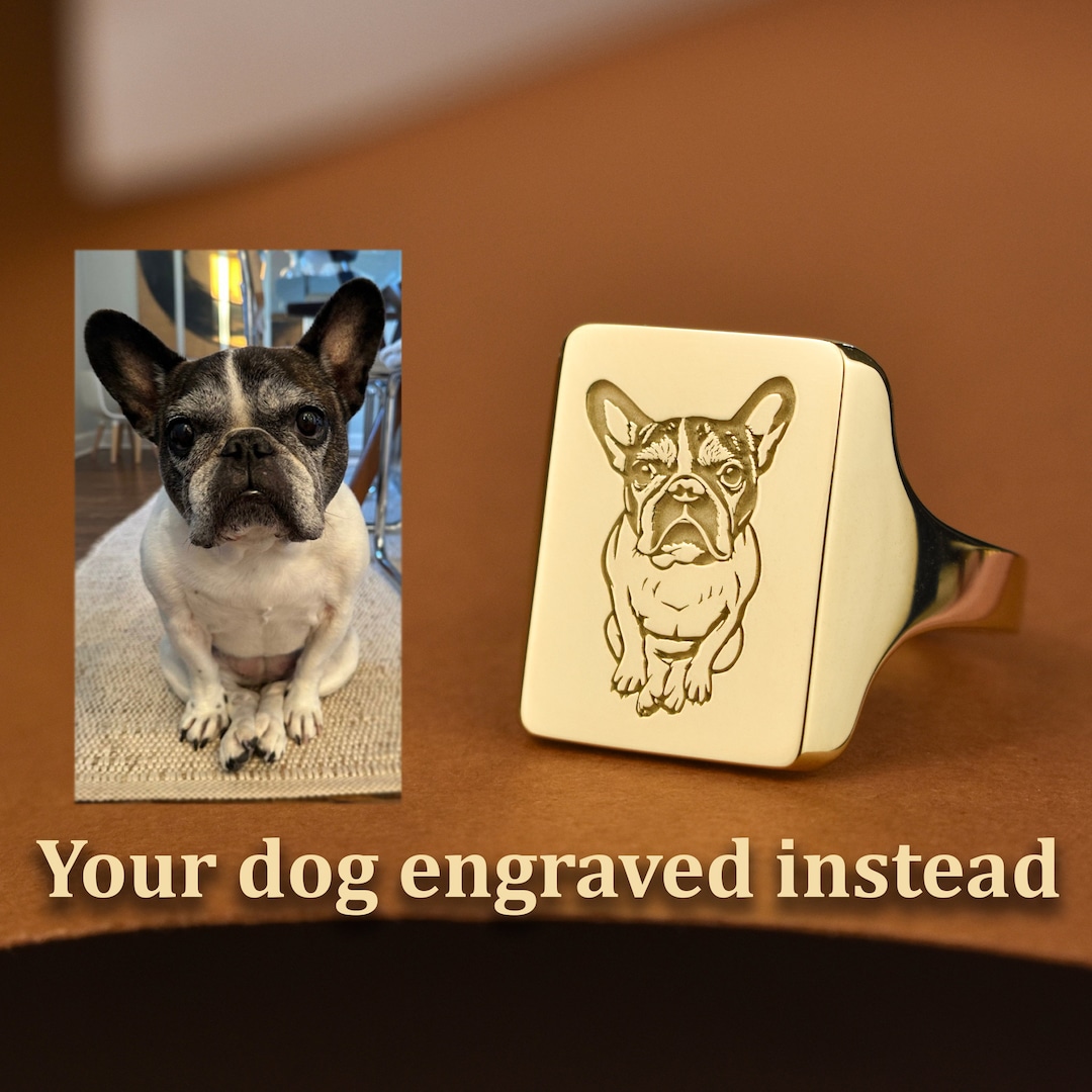 14K Gold Custom Dog Portrait Signet Ring, Pet Photo Ring, Personalized ...