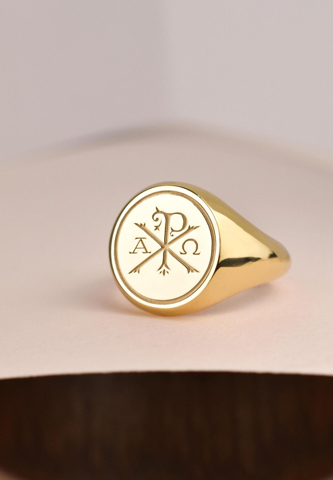 14K Solid Gold Chi Rho Signet Ring, Alpha Omega Amulet, Christian ...