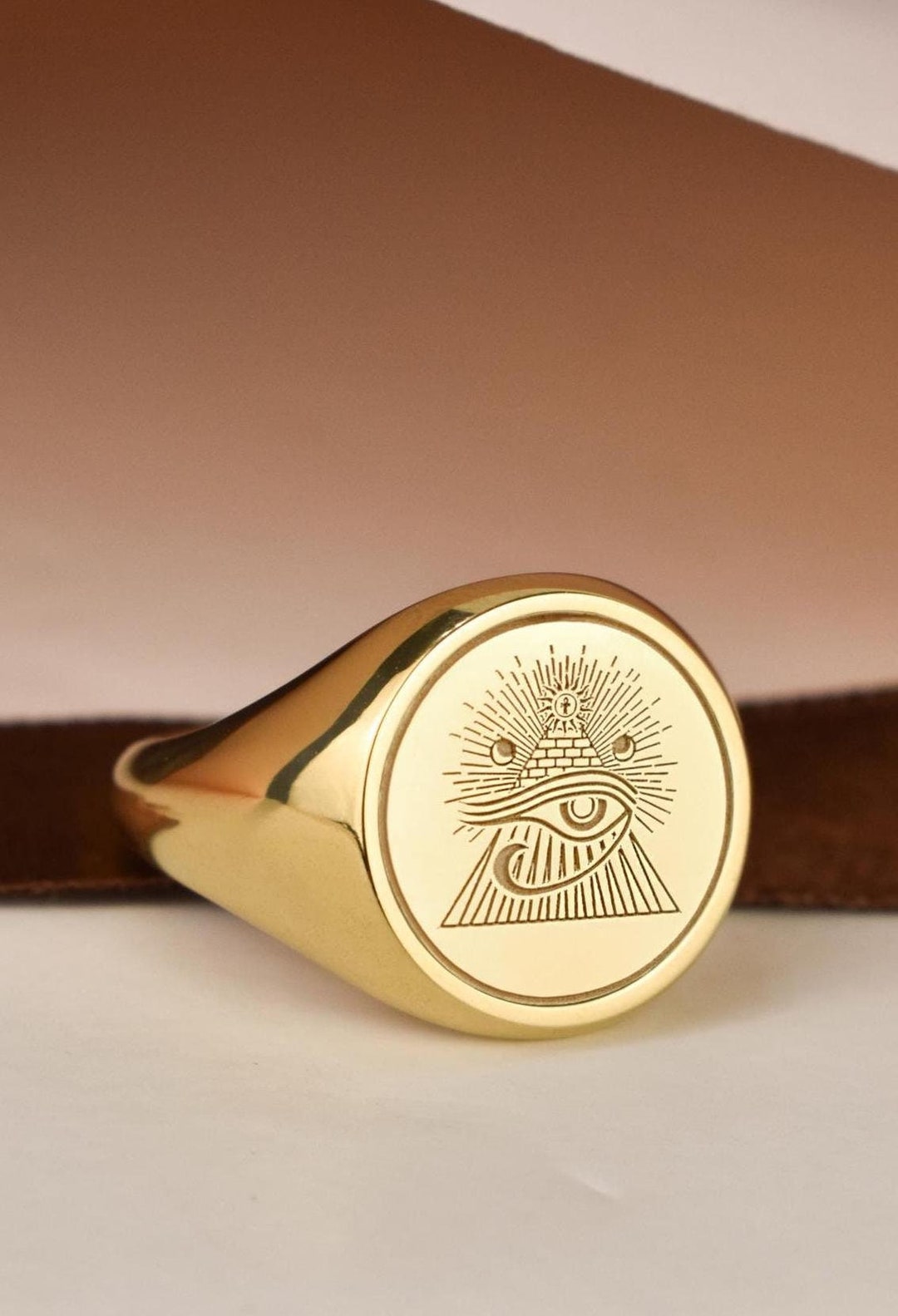 14K Gold Eye of Horus Signet Ring, Round Pyramid Eye Ring, Ancient ...