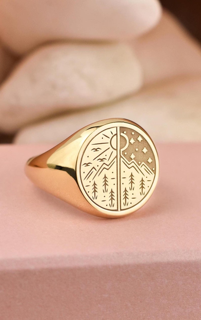 14K Gold Mountain Forest Signet Ring, Sun and Moon Ring for Men and ...