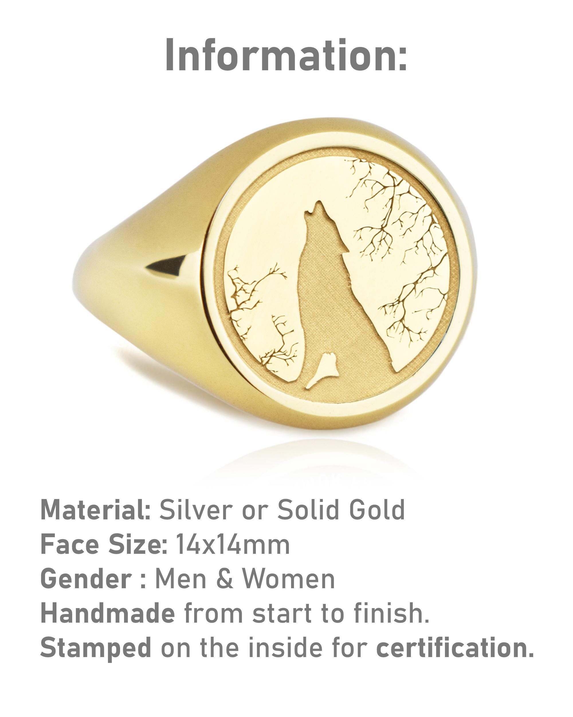 14K Solid Gold Howling Wolf Signet Ring, Personalized Grey Wolf Ring ...