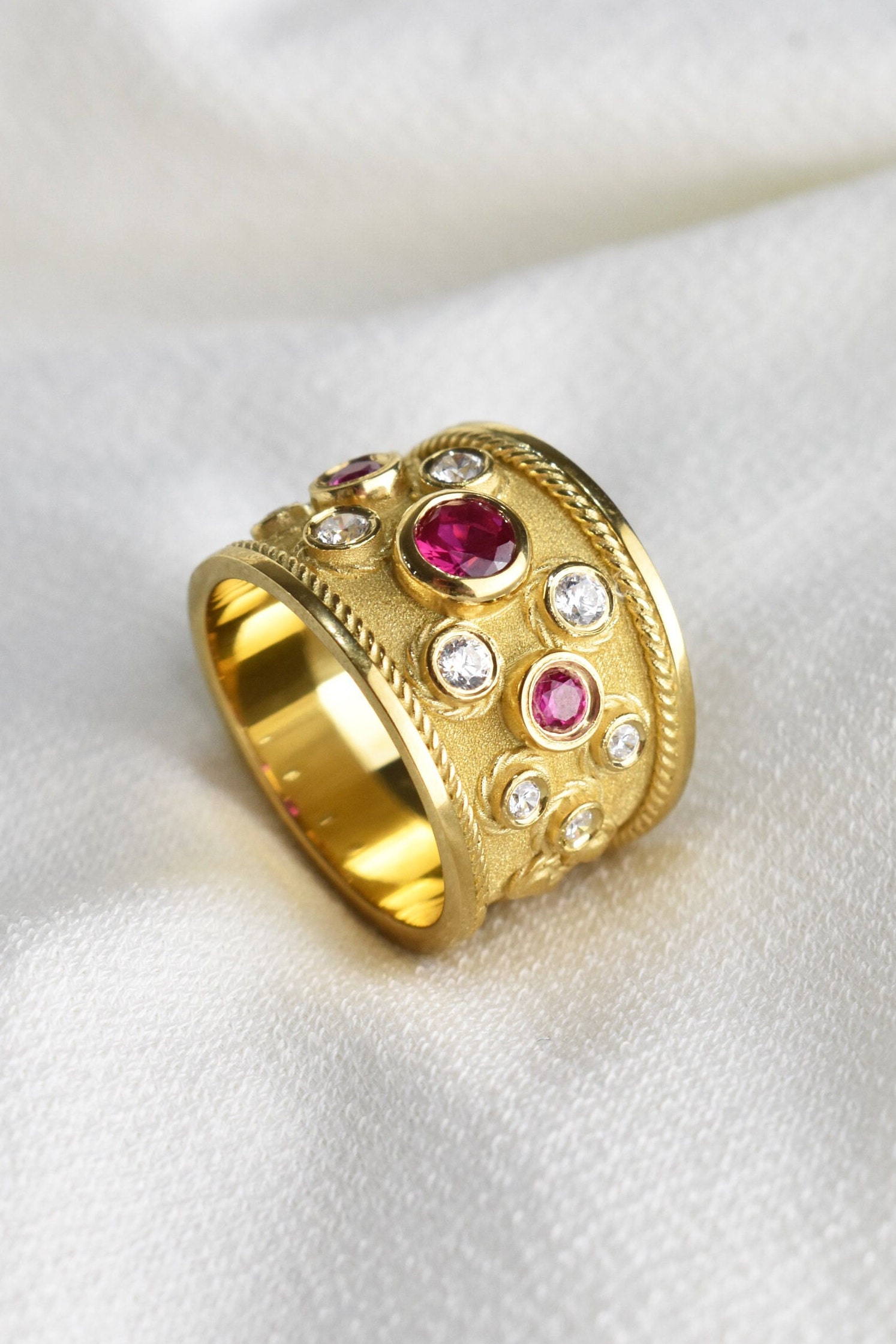 14K Gold Multi-gemstone Ruby & Diamonds Ring for Women, Wide Gold Ring ...