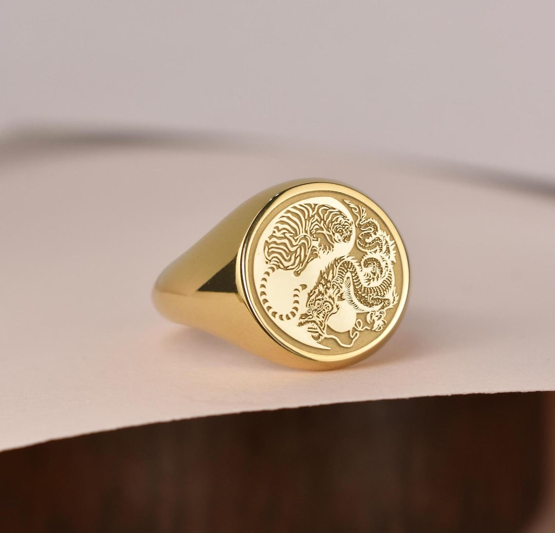 14K Gold Tiger & Dragon Yin Yang Signet Ring, Feng Shui Signet Ring ...