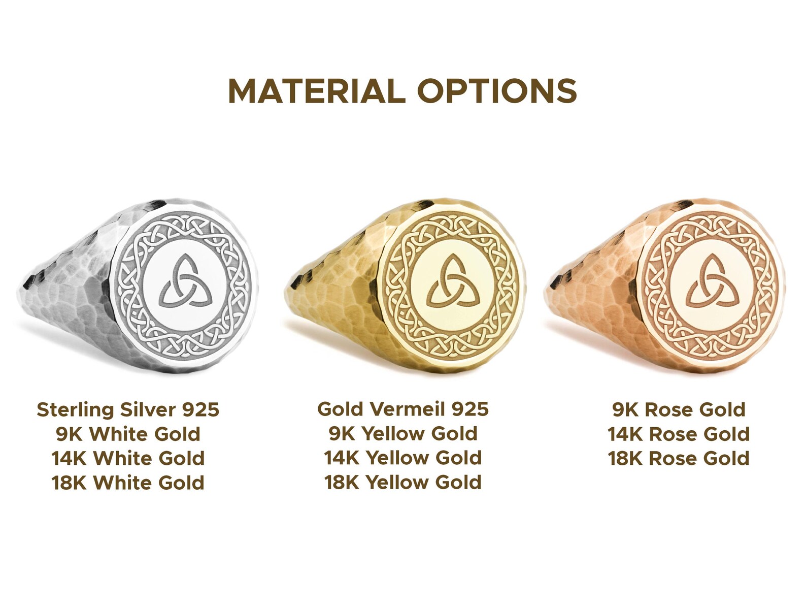 14K Solid Gold Triquetra Signet Ring, Hammered Celtic Jewelry, Trinity ...