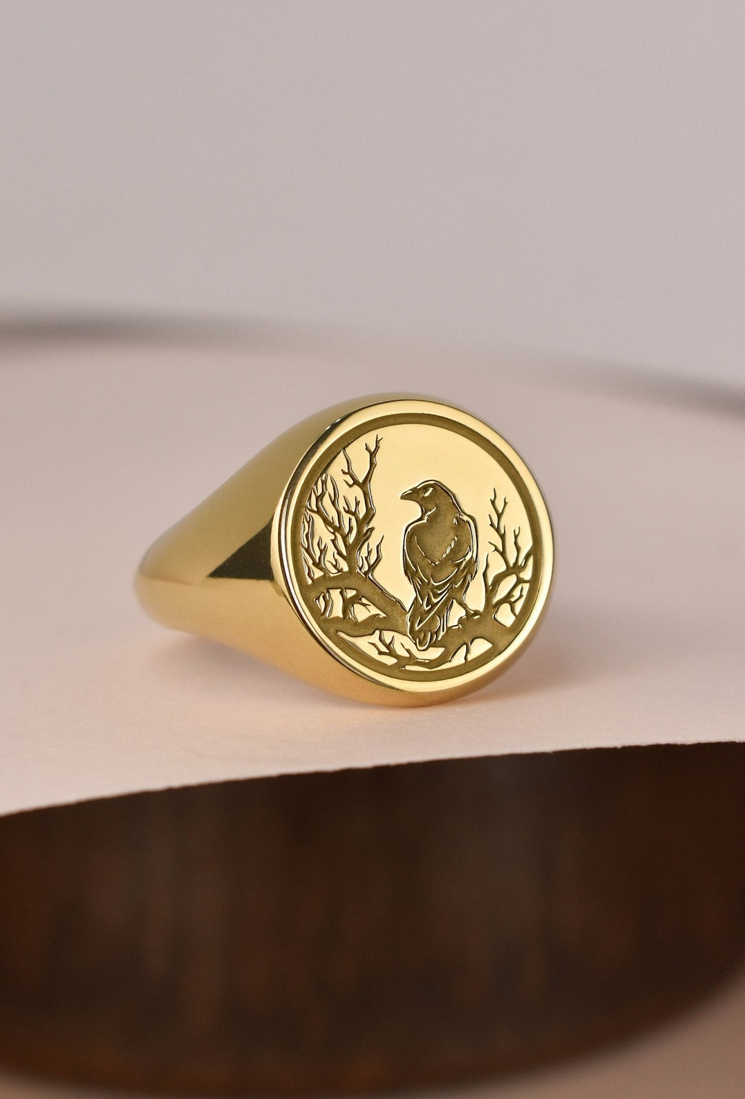 14K Solid Gold Raven Bird Signet Ring, Gold Crow Ring, Gothic Gold Ring ...