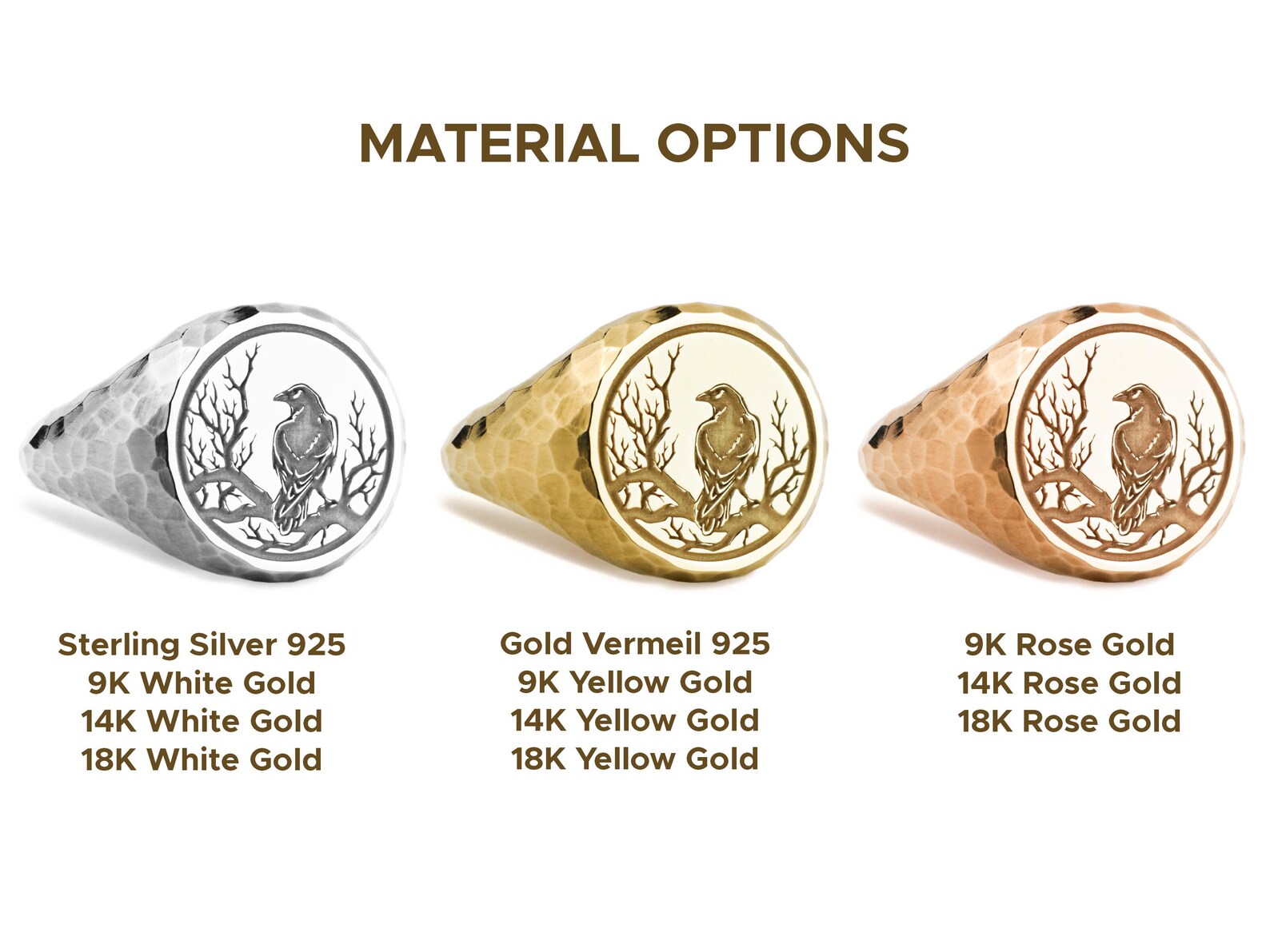 14K Solid Gold Raven Signet Ring, Hammered Bird Jewelry, Norse Symbol ...