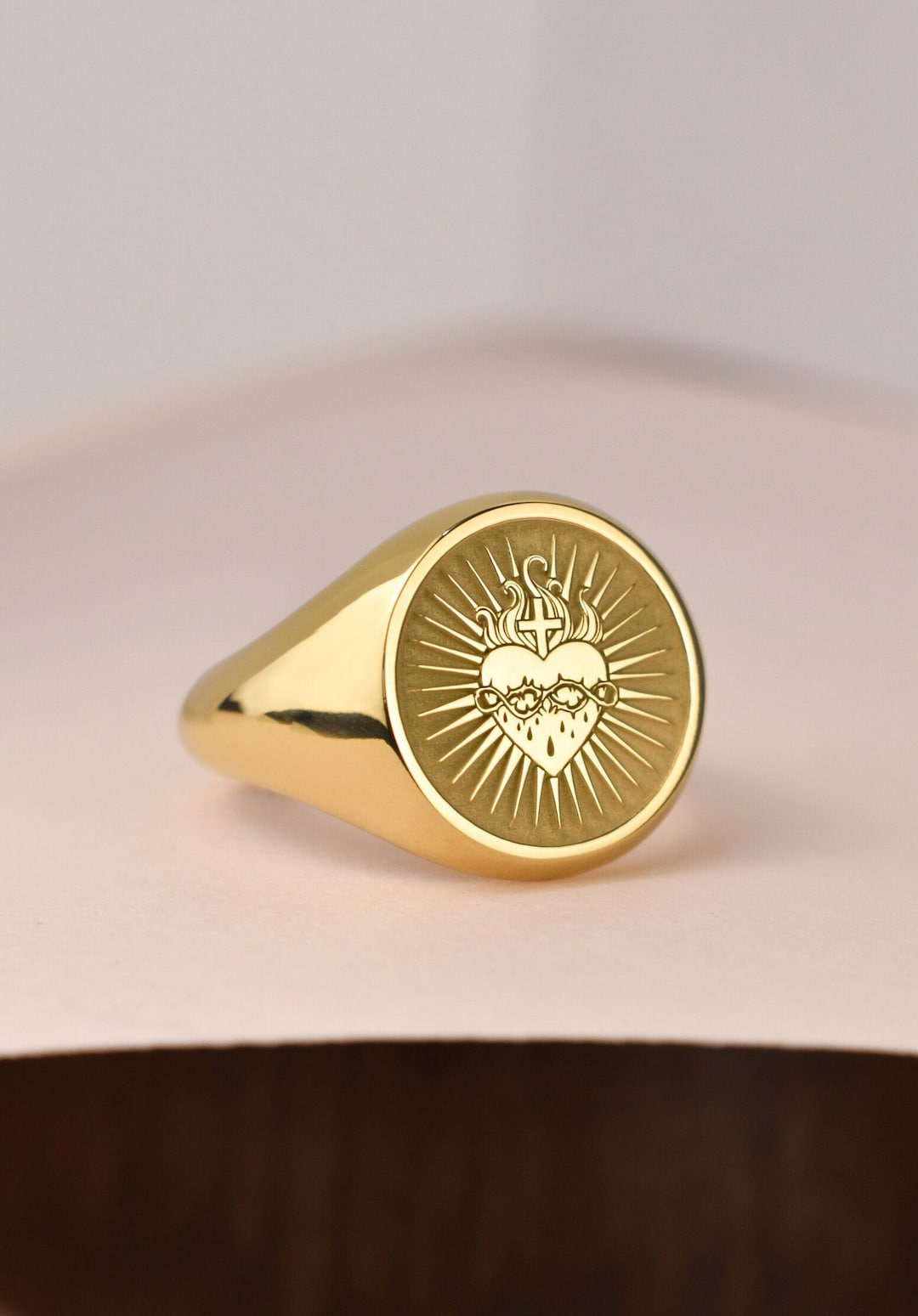 14K Solid Gold Sacred Heart Signet Ring, Catholic Signet Ring, Sacred ...