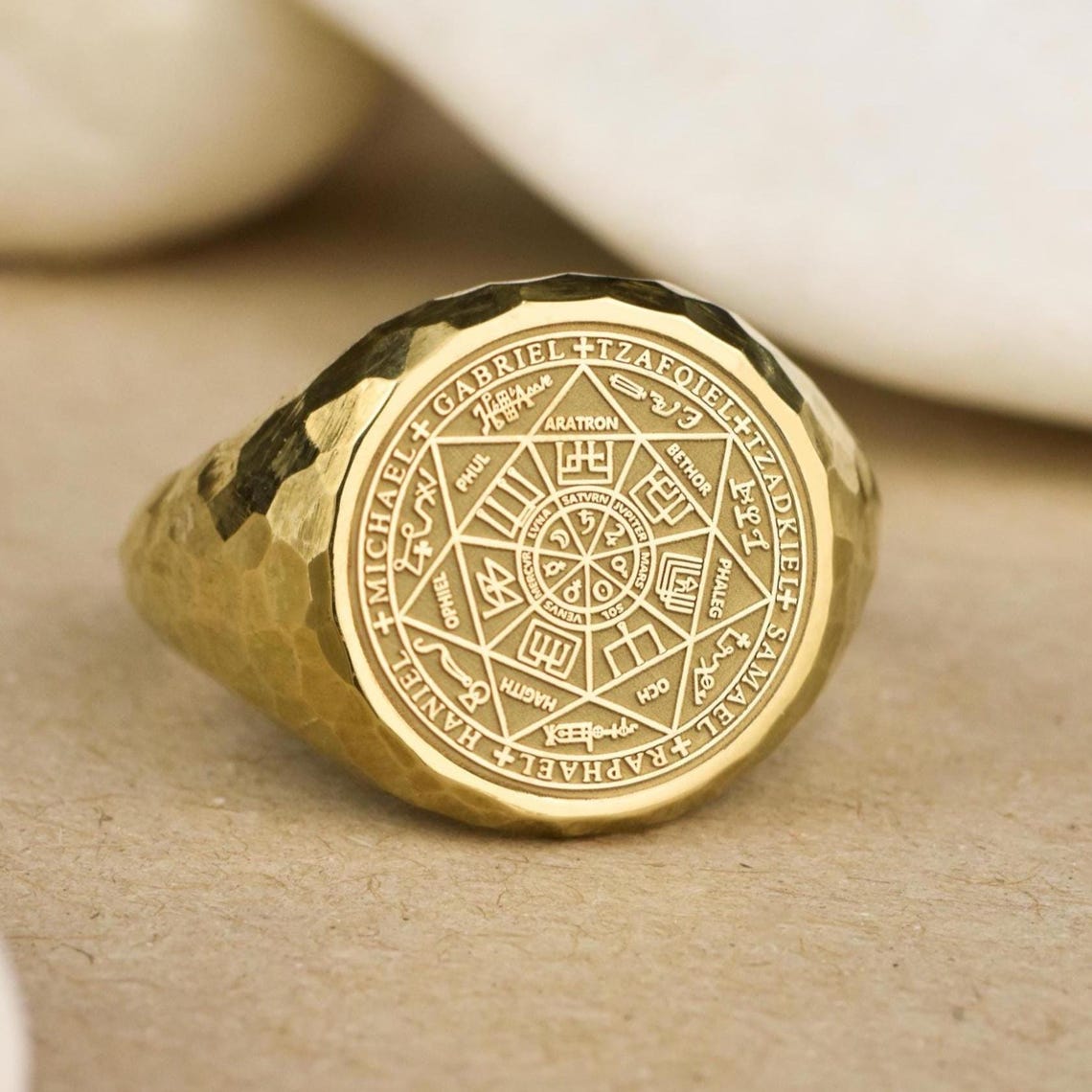 14K Gold Seven Archangels Signet Ring, Hammered Angel Ring, Catholic ...