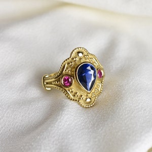 14K Solid Gold Iberian Blue Sapphire Ring, Ancient Spanish Gold Ring ...