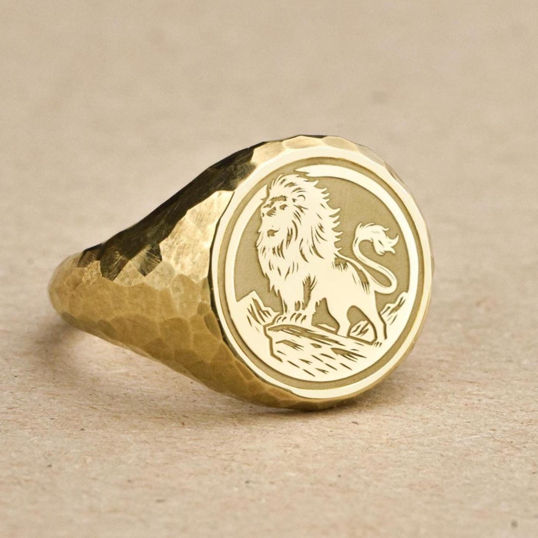 14K Gold Lion Signet Ring, Hammered Animal Jewelry, Strength Symbol ...