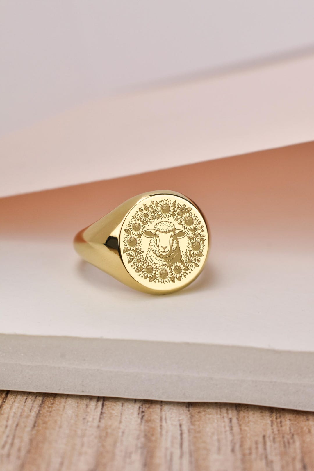 14K Solid Gold Sheep Engraved Ring, Personalized Chinese Zodiac Signet ...
