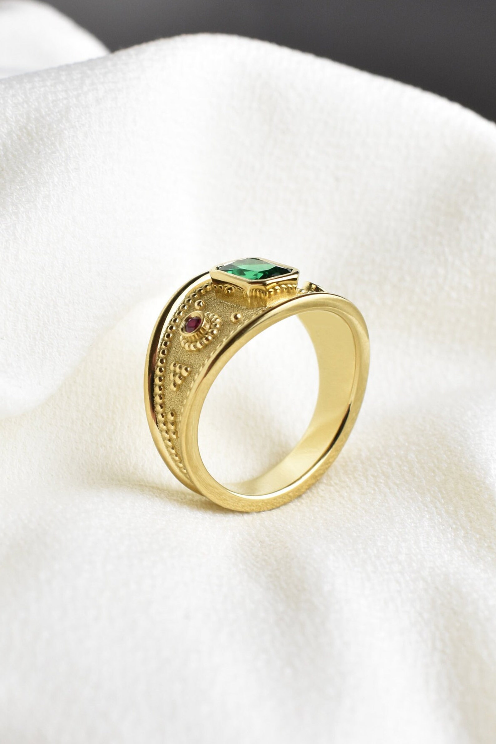 14K Gold Green Emerald Byzantine Ring, Multi-color Emerald & Ruby ...