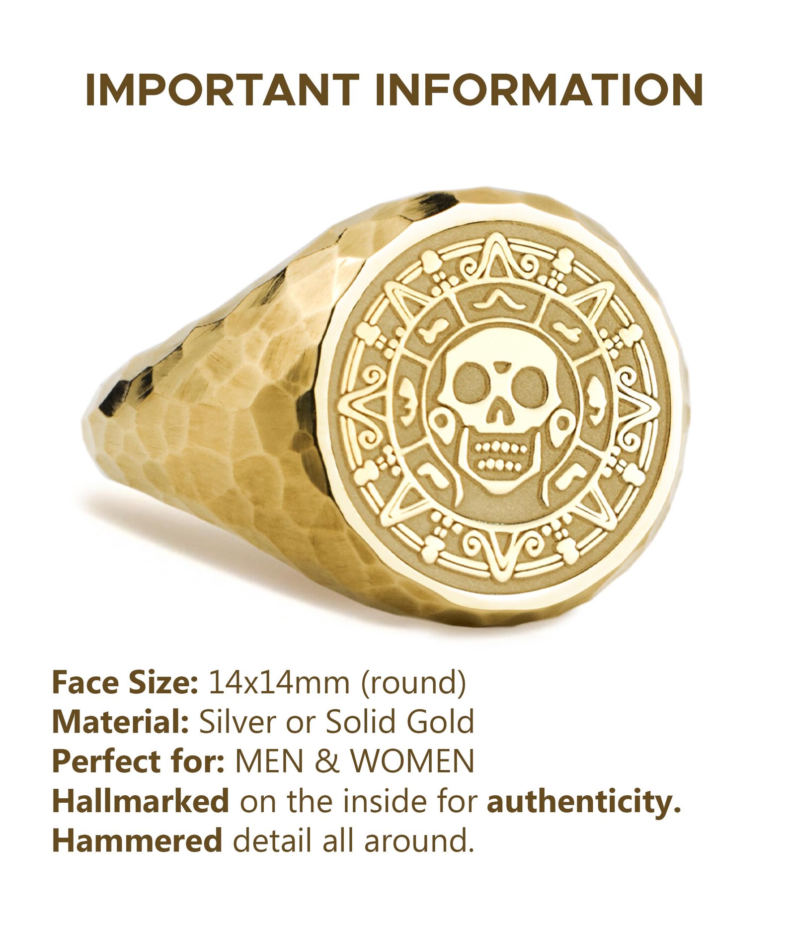 14K Solid Gold Pirate Coin Signet Ring, Hammered Nautical Jewelry ...