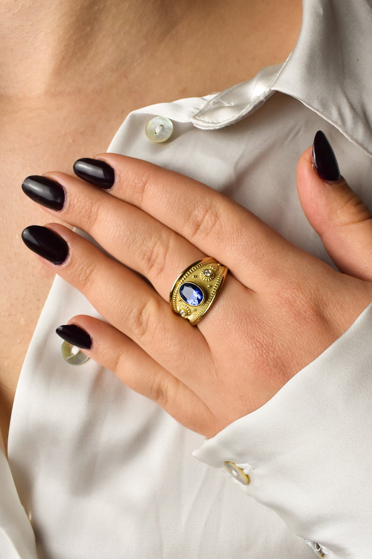 Oval Blue Sapphire Byzantine Ring for Women, 18th Century Sapphire Ring ...