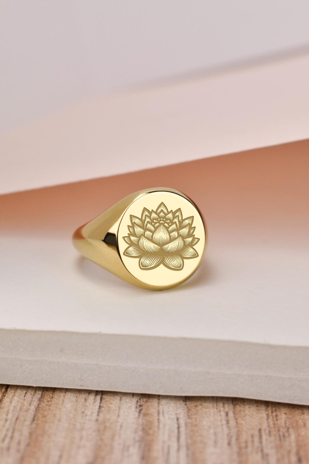 14K Gold Lotus Signet Ring, Hindu Symbol Jewelry, Personalized Padma ...
