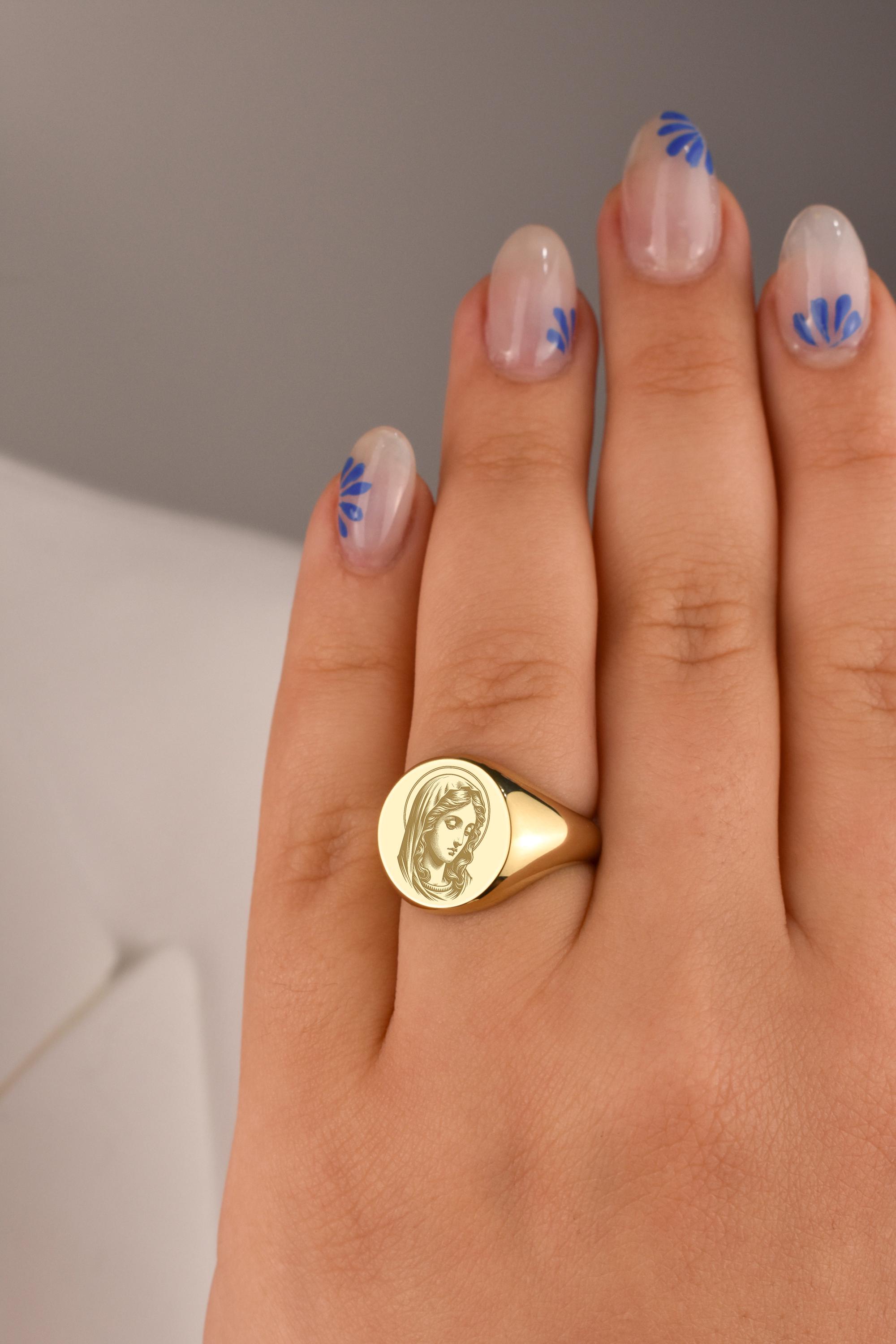 14K Gold Virgin Mary Signet Ring, Custom Prayer Talisman Ring, Mother ...