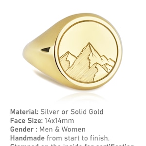 14K Solid Gold Mountain Signet Ring, Wanderlust Jewelry, Mountainside ...