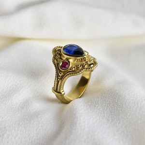 14K Solid Gold Iberian Blue Sapphire Ring, Ancient Spanish Gold Ring ...