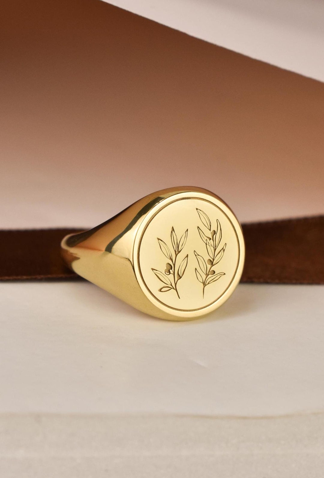 14K Gold Olive Branch Signet Ring, Olive Leaf Jewelry, Botanical Gold Signet Ring, Olive Branch ...