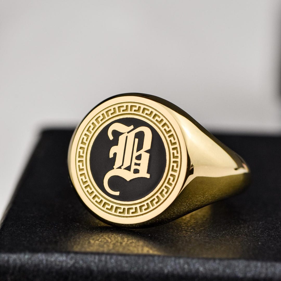 14K Gold Custom Initial Signet Ring, Black Enamel Center Ring ...