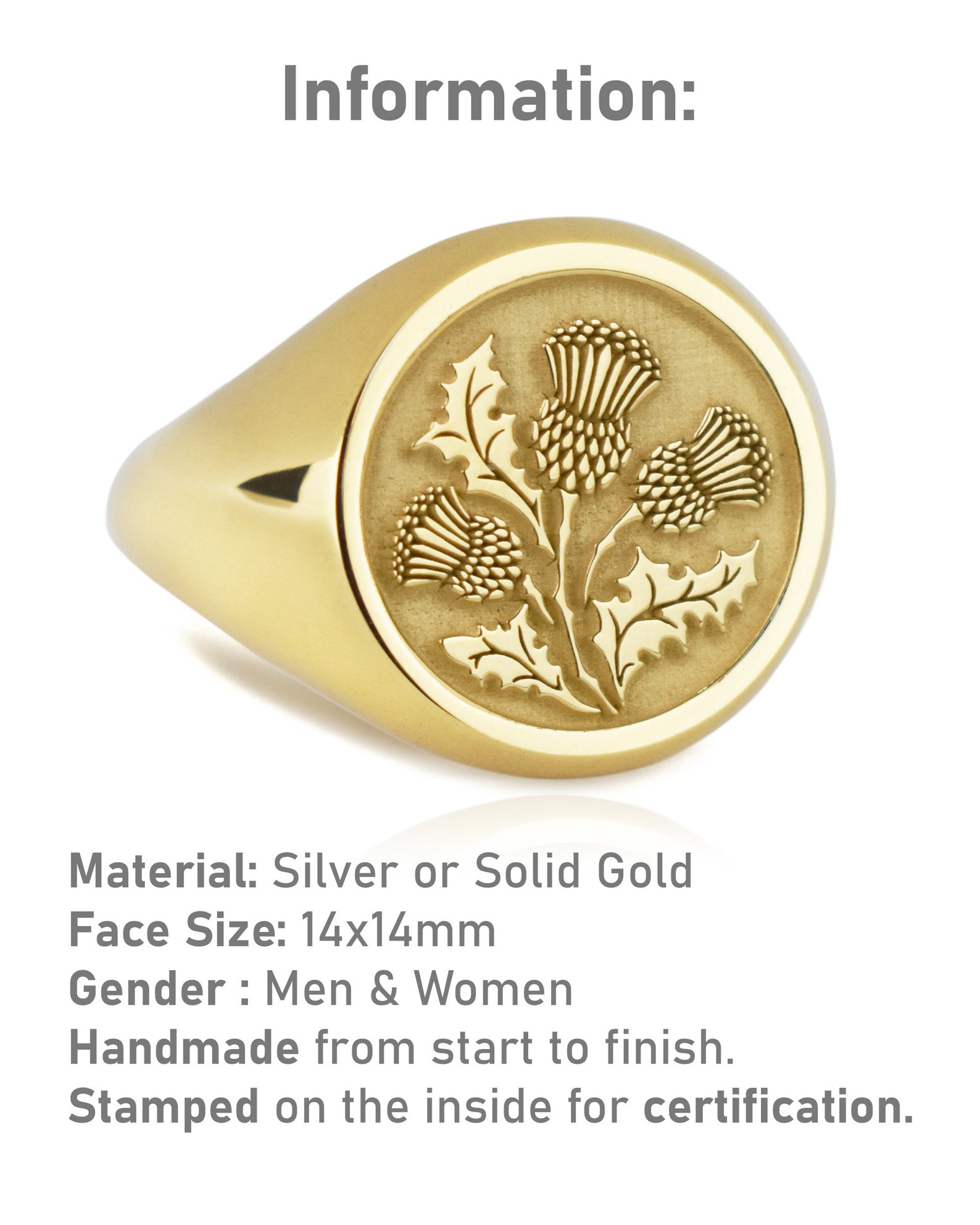 14K Solid Gold Thistle Signet Ring, Scottish Thistle Ring, Round Gold ...