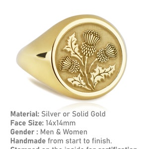 14K Solid Gold Thistle Signet Ring, Scottish Thistle Ring, Round Gold ...