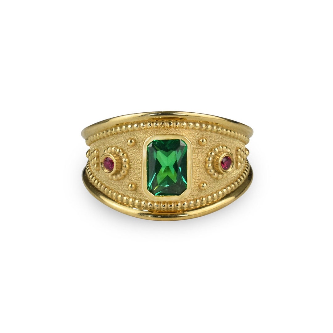 14K Gold Green Emerald Byzantine Ring, Multi-color Emerald & Ruby ...
