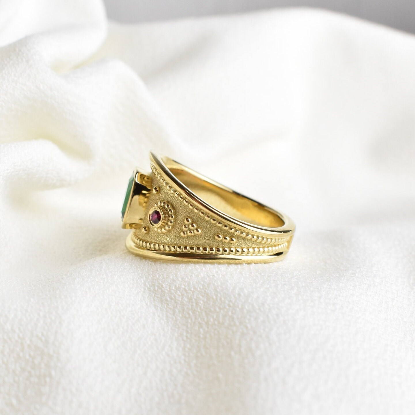 14K Gold Green Emerald Byzantine Ring, Multi-color Emerald & Ruby ...