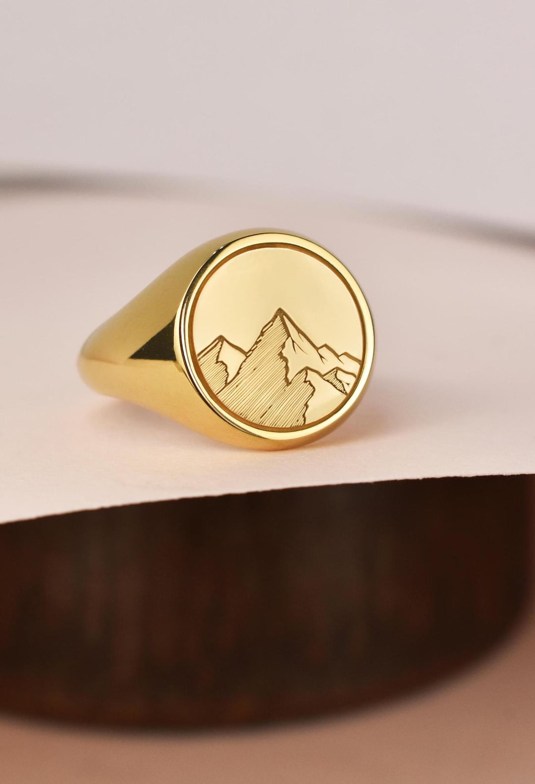 14K Solid Gold Mountain Signet Ring, Wanderlust Jewelry, Mountainside ...