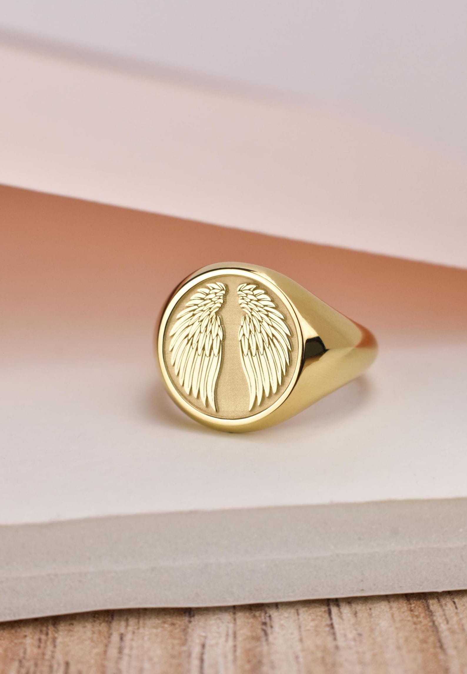 14K Solid Gold Angel Wings Signet Ring, Wings of Angel Amulet, Angelic ...