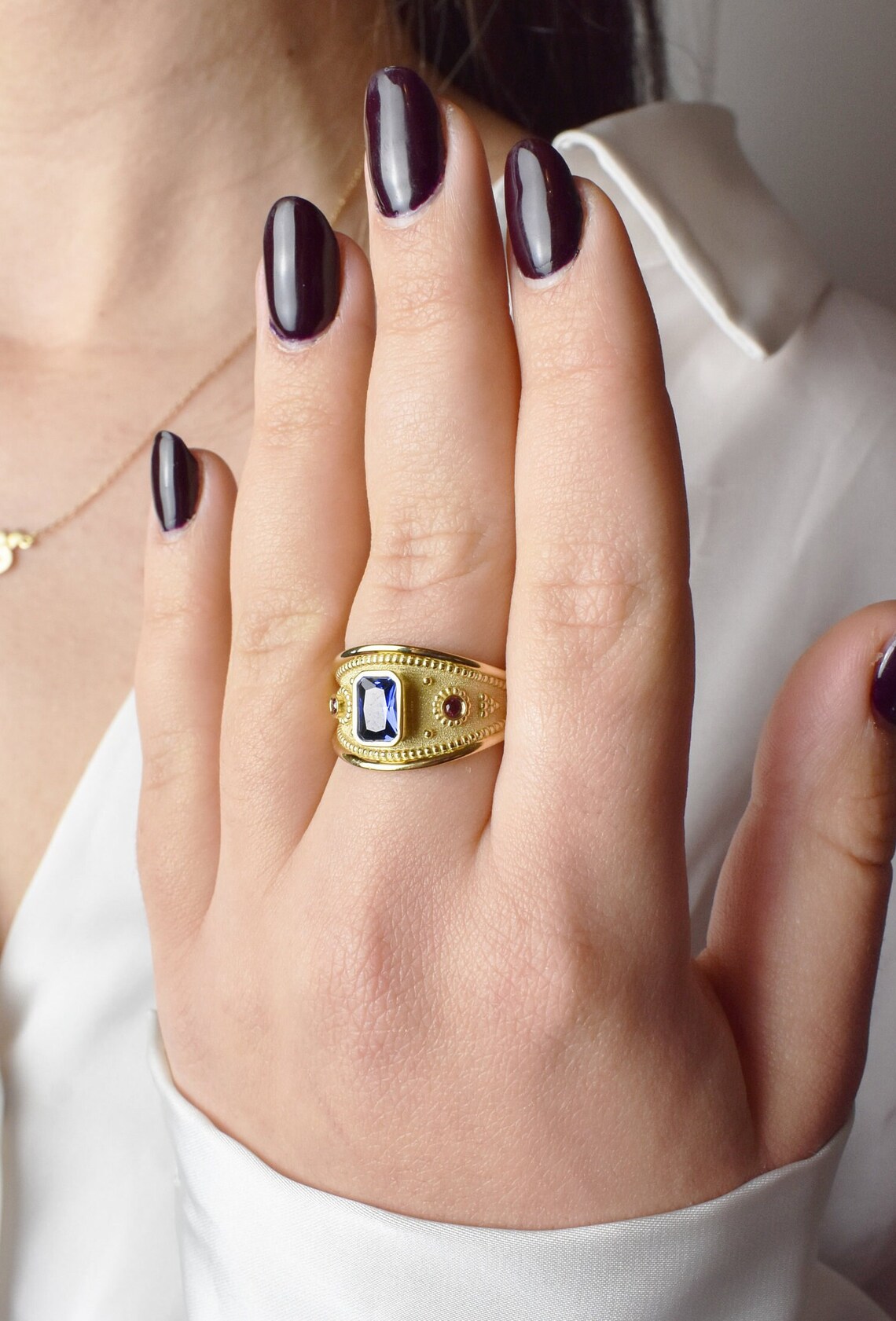 14K Gold Blue Sapphire Tuscany Ring for Women, Blue Sapphire Etruscan ...