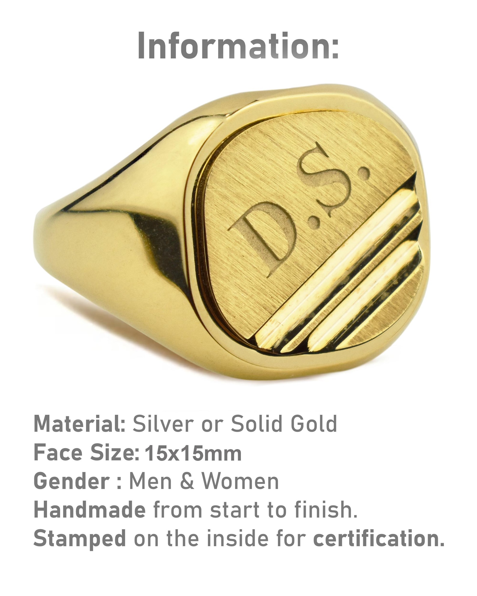 14K Gold Initials Signet Ring for Men, Monogram Signet Ring, Cushion ...