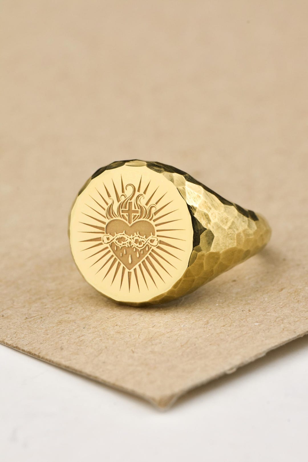 14K Gold Sacred Heart Signet Ring, Hammered Catholic Jewelry, Divine ...