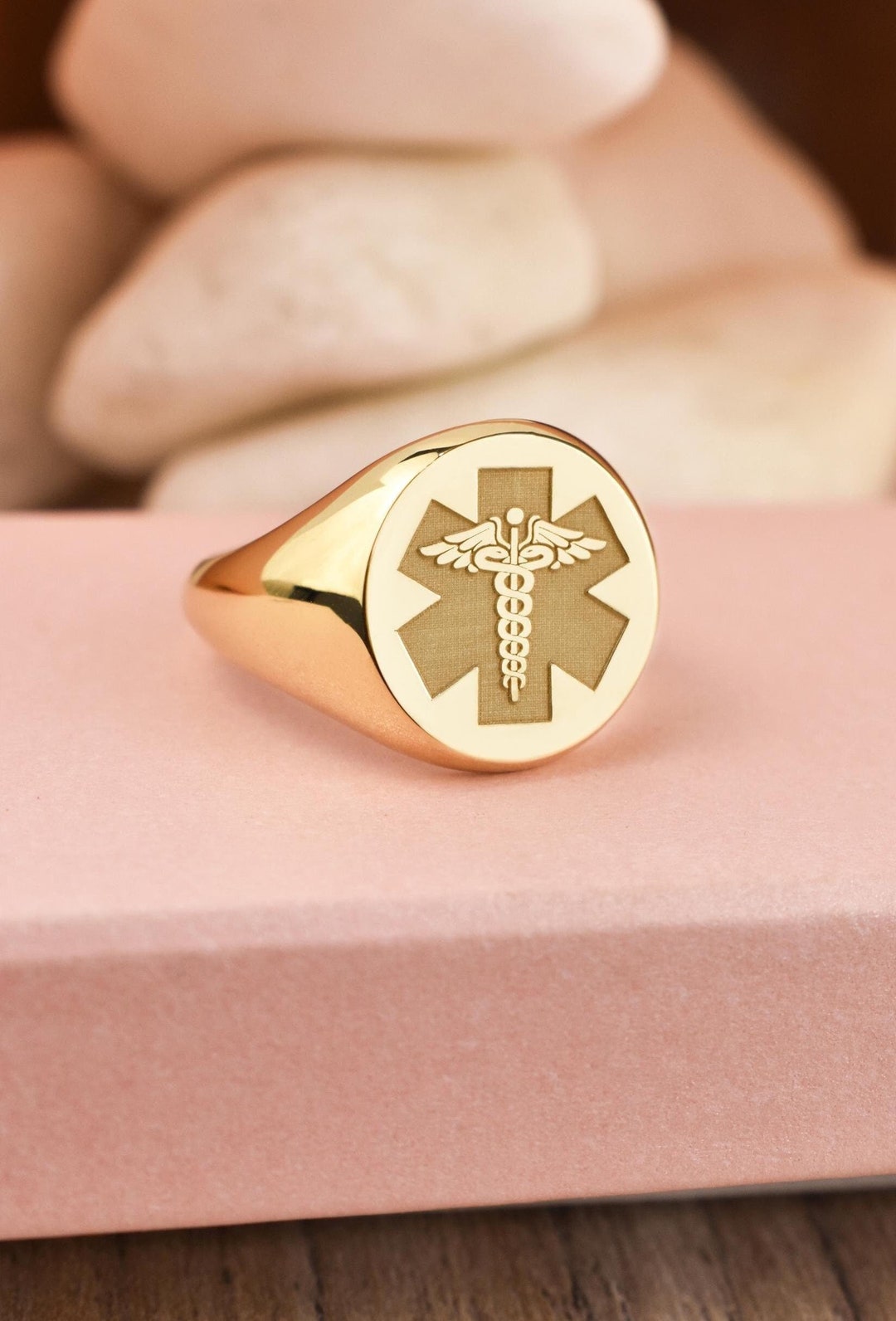 14K Gold Medical Symbol Signet Ring, Medic Round Ring, Gift for Doctor ...