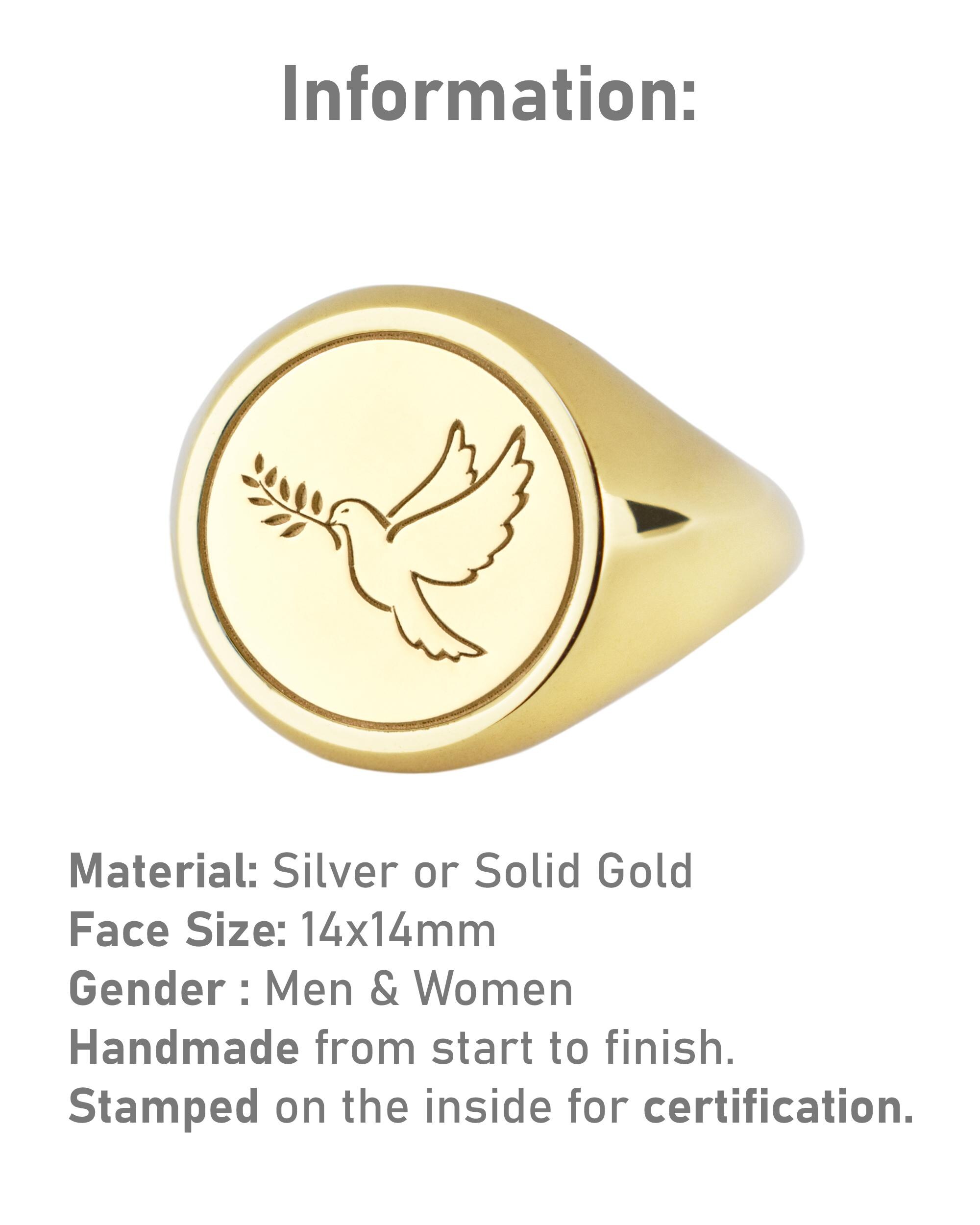 14K Solid Gold Dove Signet Ring, Dove With Olive Branch Charm ...