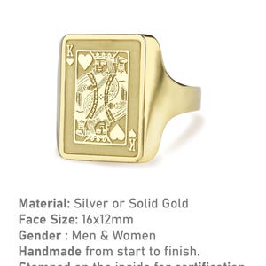 14K Gold King of Heart Signet Ring, Playing Card Rectangle Ring, Casino ...