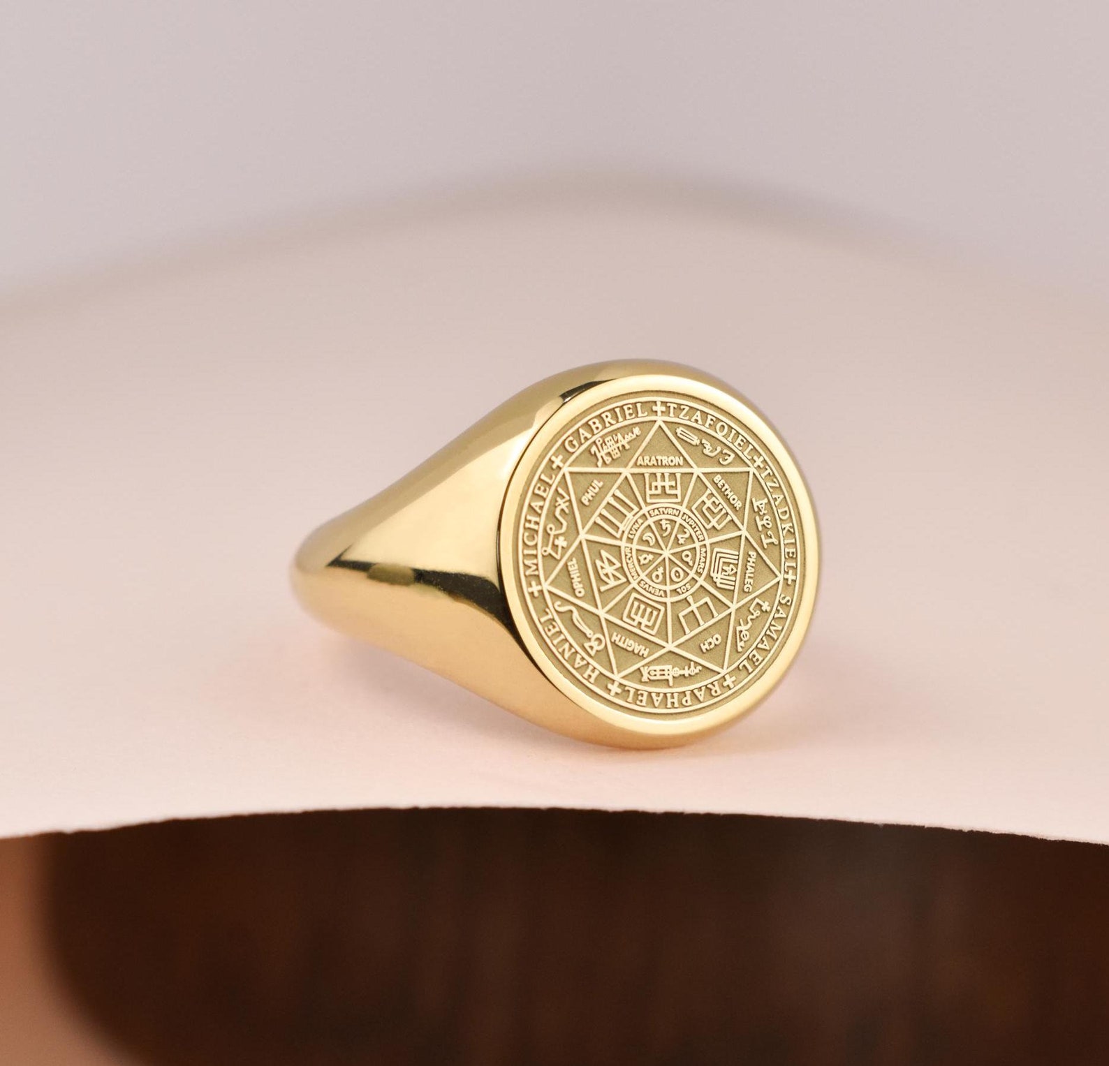 14K Gold Seal of Seven Archangels Signet Ring, Solomon Seal Ring ...