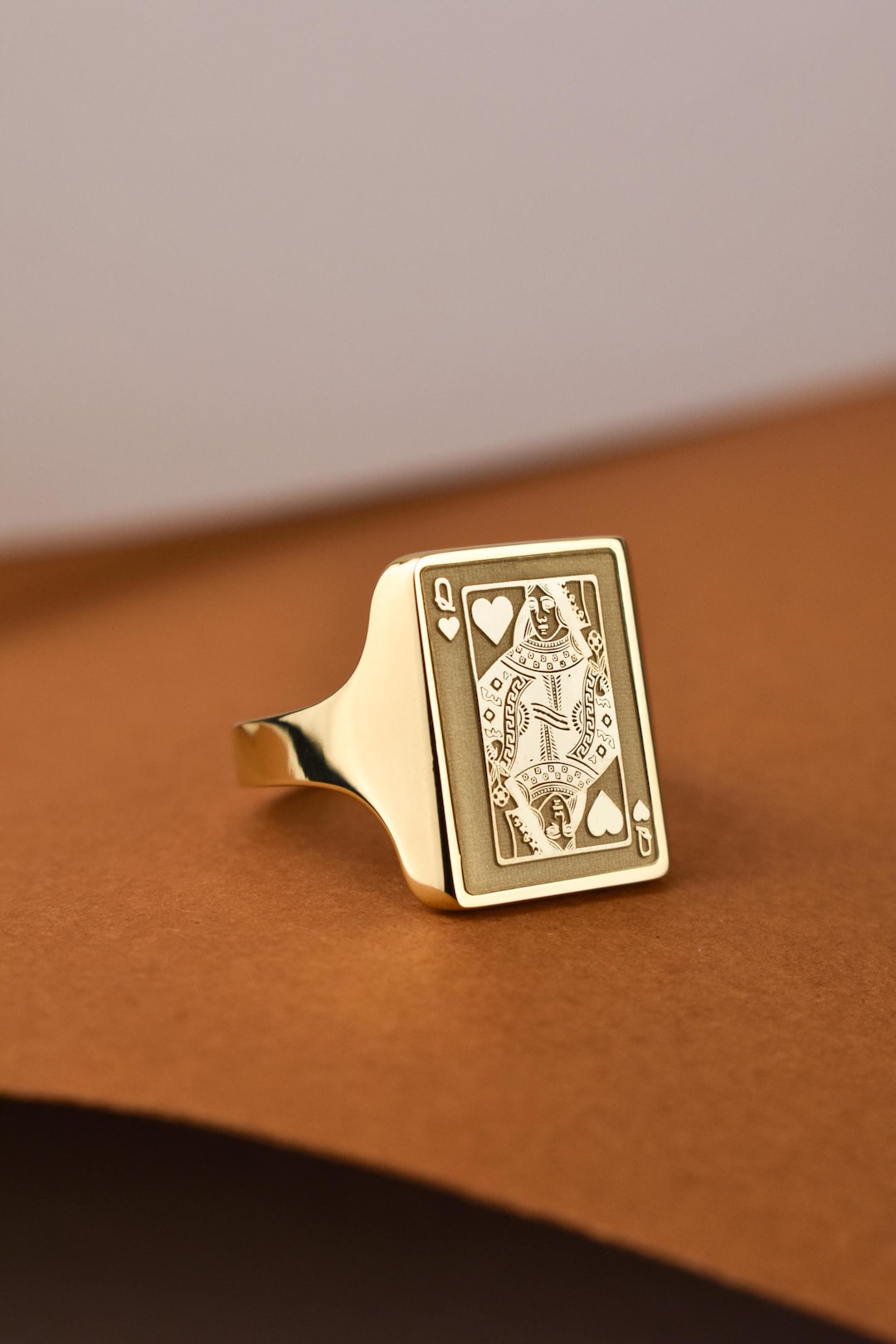 14K Solid Gold Queen of Heart Signet Ring, Poker Player Ring, Rectangle ...