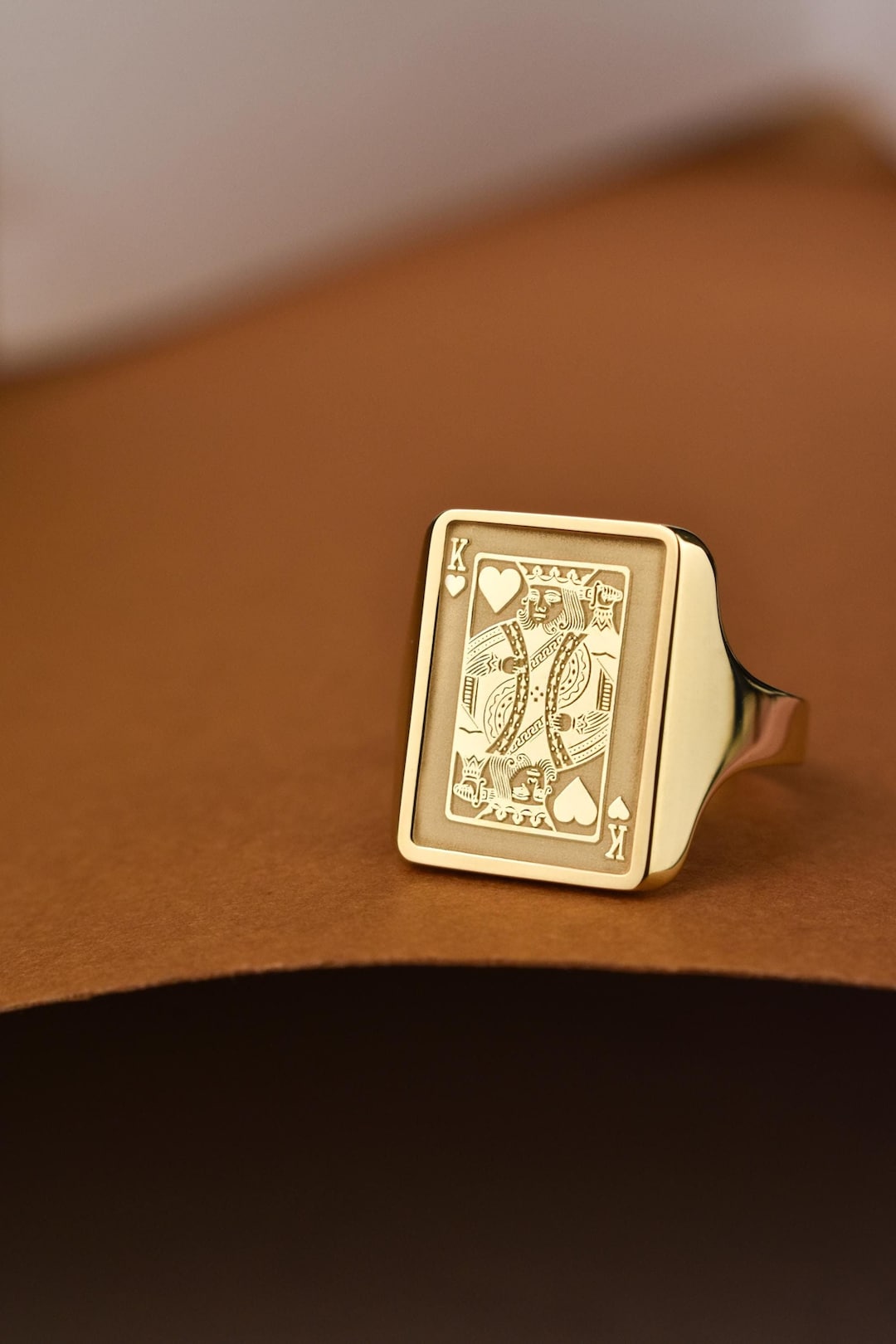 14K Gold King of Heart Signet Ring, Playing Card Rectangle Ring, Casino ...