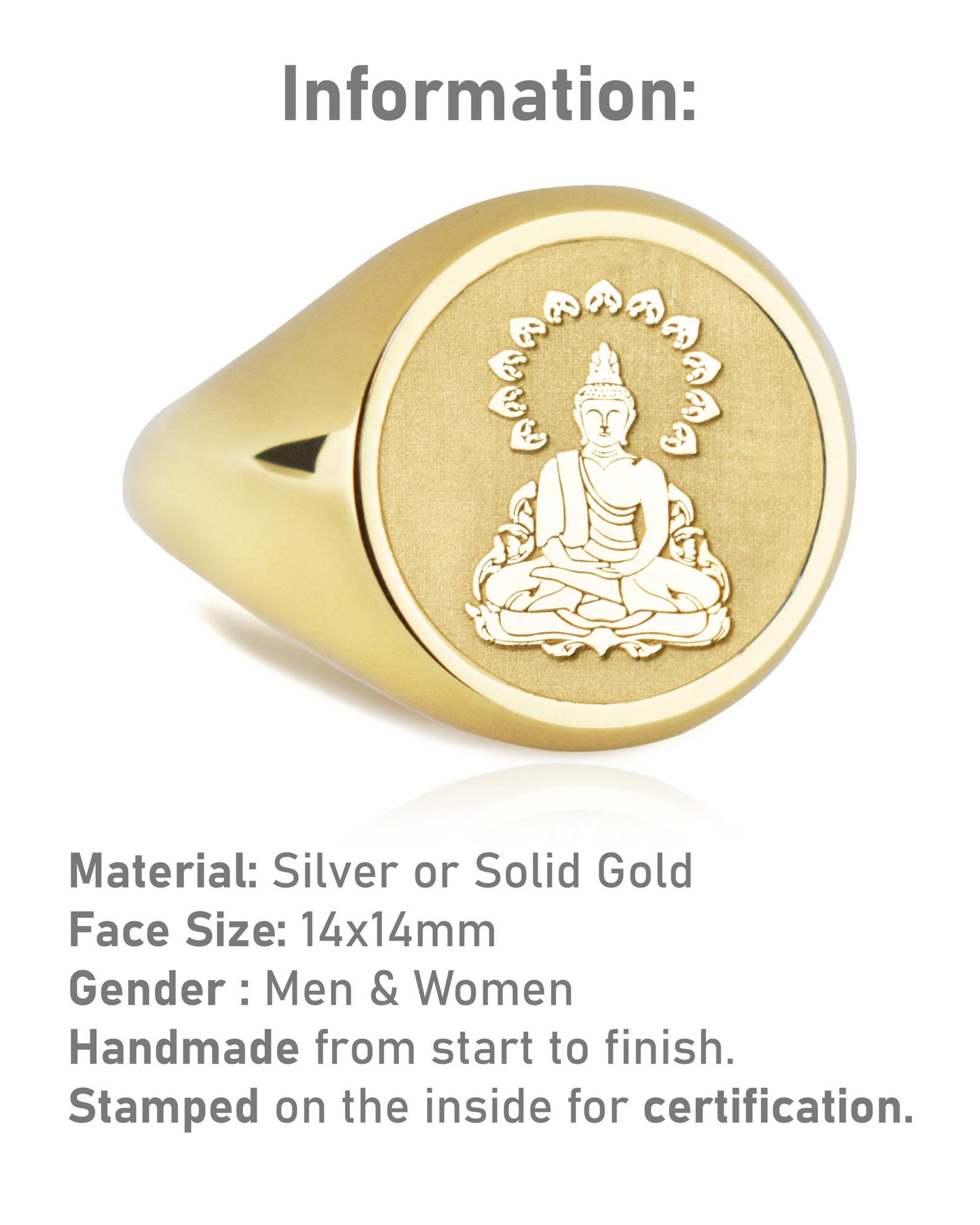 14K Gold Buddha Statue Signet Ring, Meditation Jewelry, Peaceful Zen ...