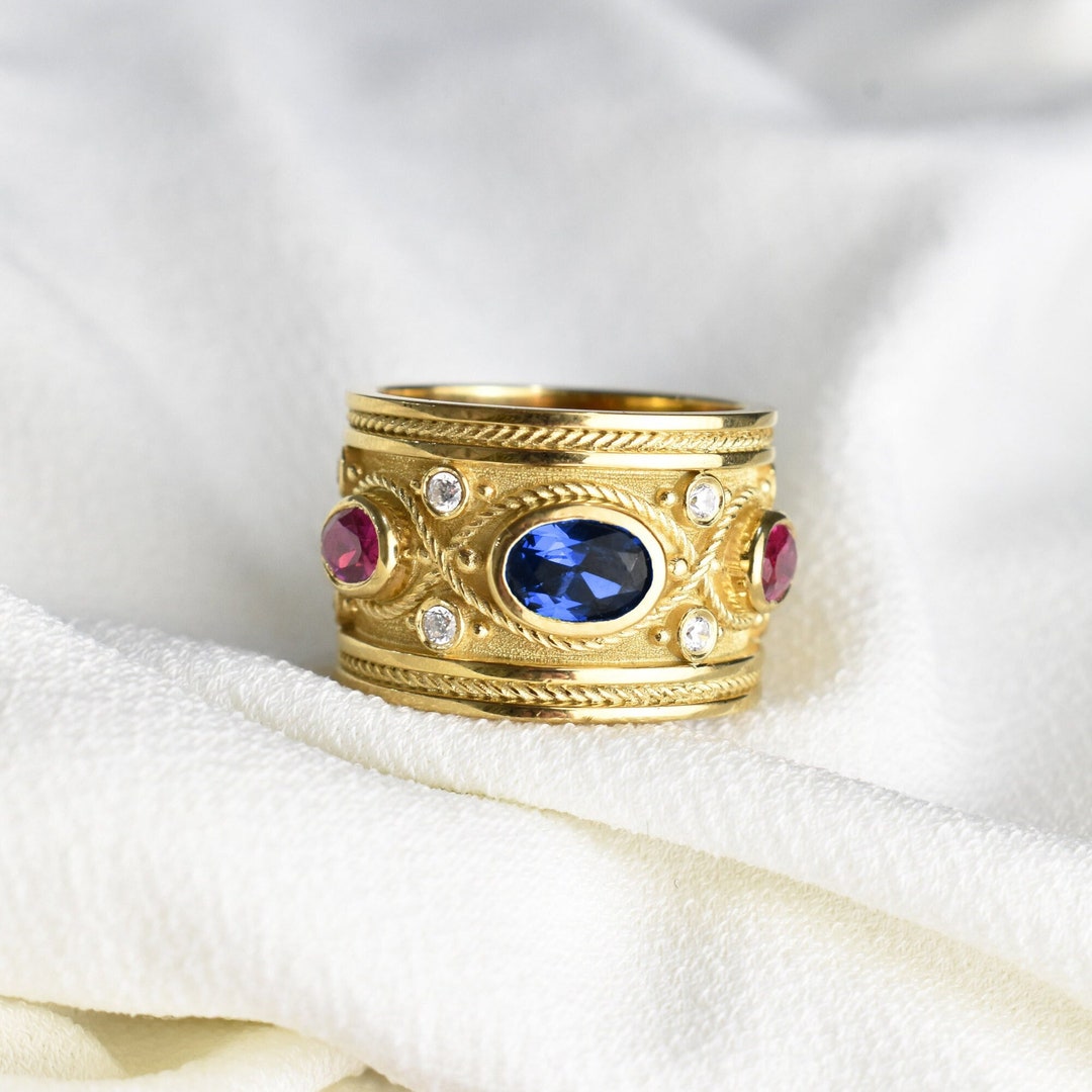 Blue Sapphire Bezel Byzantine Ring, Wide Gold Ring, Sapphire Stone Ring ...