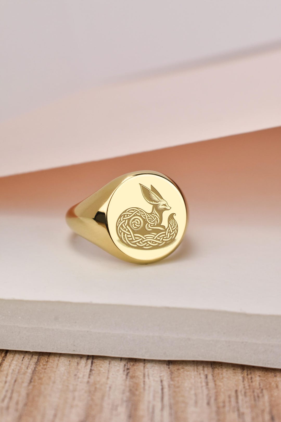 14K Gold Celtic Knot Fennec Fox Signet Ring, Dune Animal Ring, Desert ...