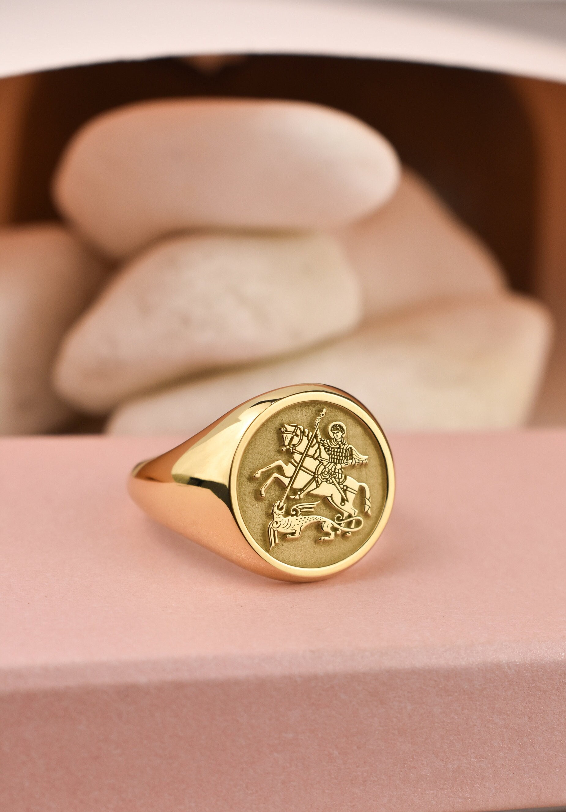 14K Gold Saint George and the Dragon Signet Ring, Sovereign Gold Ring ...