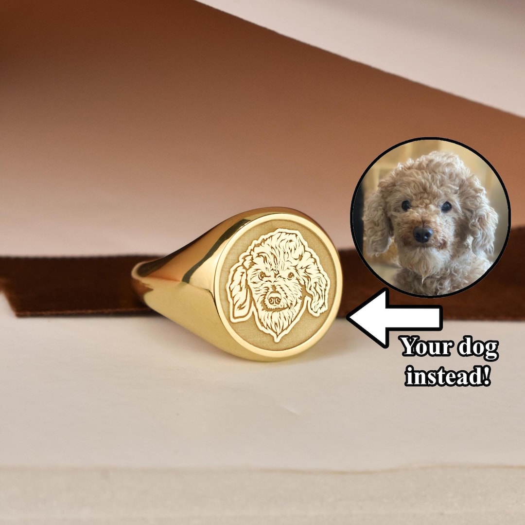 14K Gold Personalized Dog Portrait Signet Ring, Dog Owner Jewelry ...