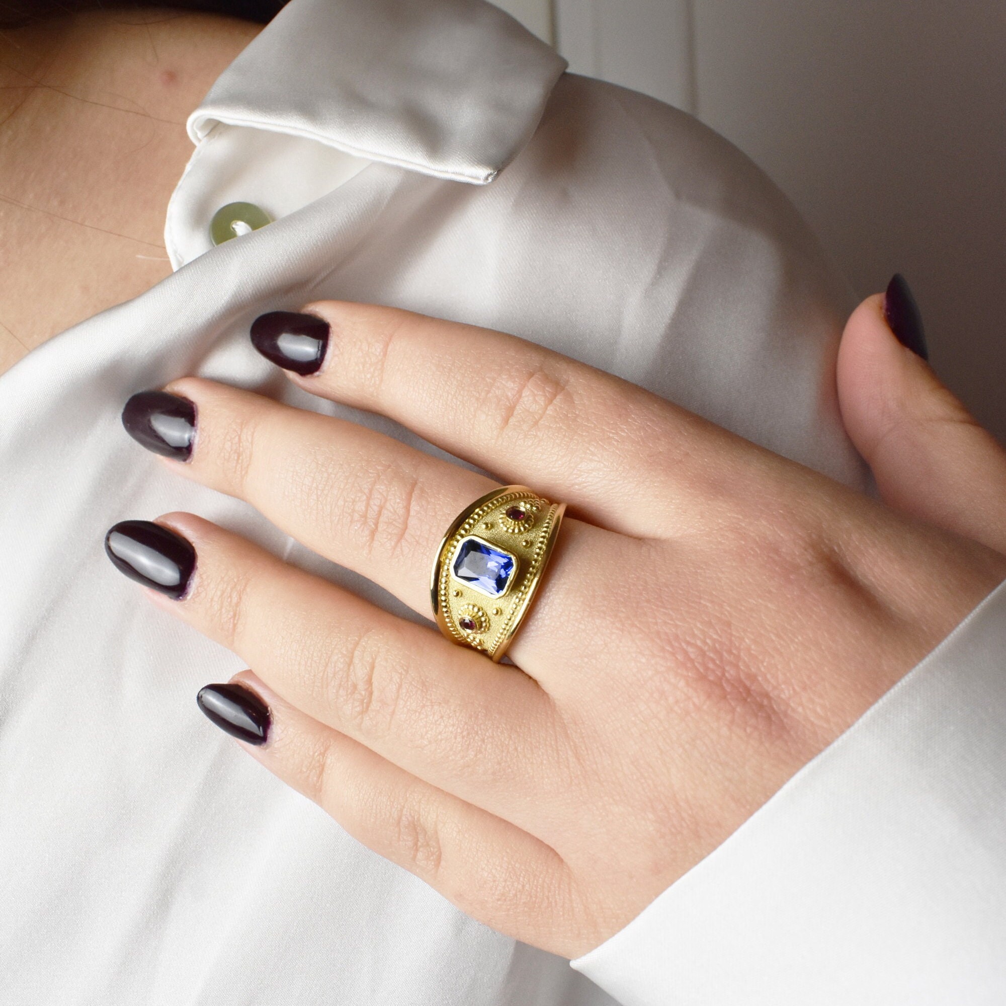 14K Gold Blue Sapphire Tuscany Ring for Women, Blue Sapphire Etruscan ...