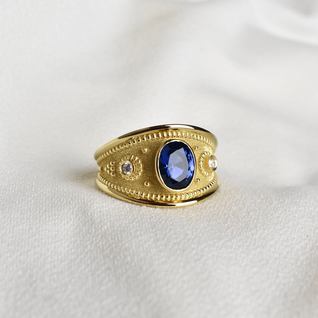 Oval Blue Sapphire Byzantine Ring for Women, 18th Century Sapphire Ring ...