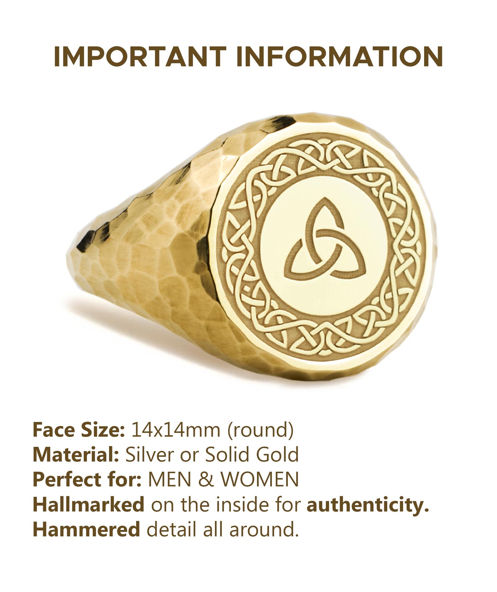 14K Solid Gold Triquetra Signet Ring, Hammered Celtic Jewelry, Trinity ...